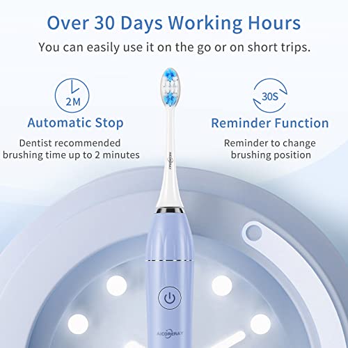 Aicoreray Electric Toothbrush for Kids 8-12, 4 Modes with 30s Smart Timer, Charge for 6 Hours and Use for 30 Days, Electric Toothbrush for Adults & Kids, Includes 4 Replacement Brush Heads (Bule)