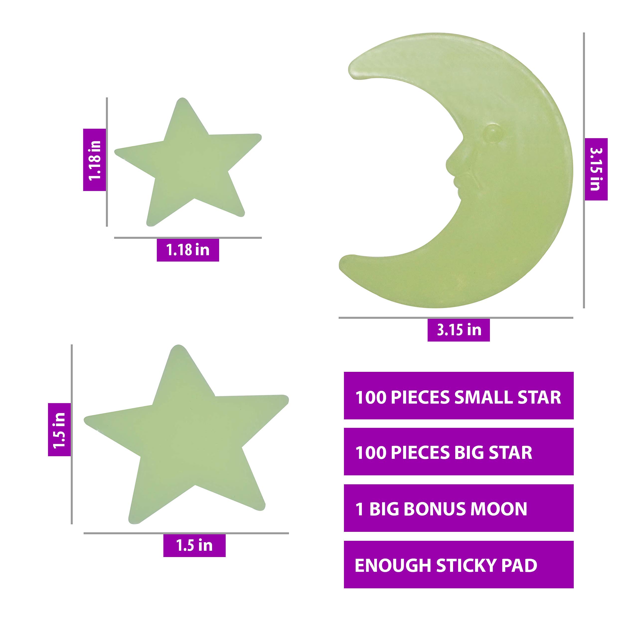 201 Pcs Ultra Glow in The Dark Stars with Bonus Large Moon Stickers Set Luminous Different Sizes Fluorescent Stars Ceiling Decor for Kids Bedroom Birthday Party