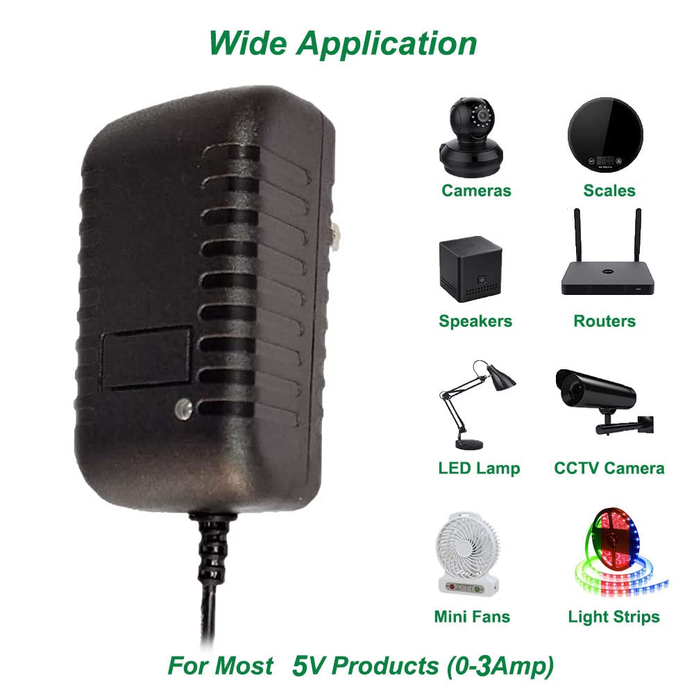 5V 3A 15W Power Supply 100V~240V AC to 5Volt DC Adapter with 5.5mm x 2.1mm Connector Plug for 2.5A 2A 1.5A 1A 500ma 300ma Led Strip, String Lights, CCTV Cameras, Security System