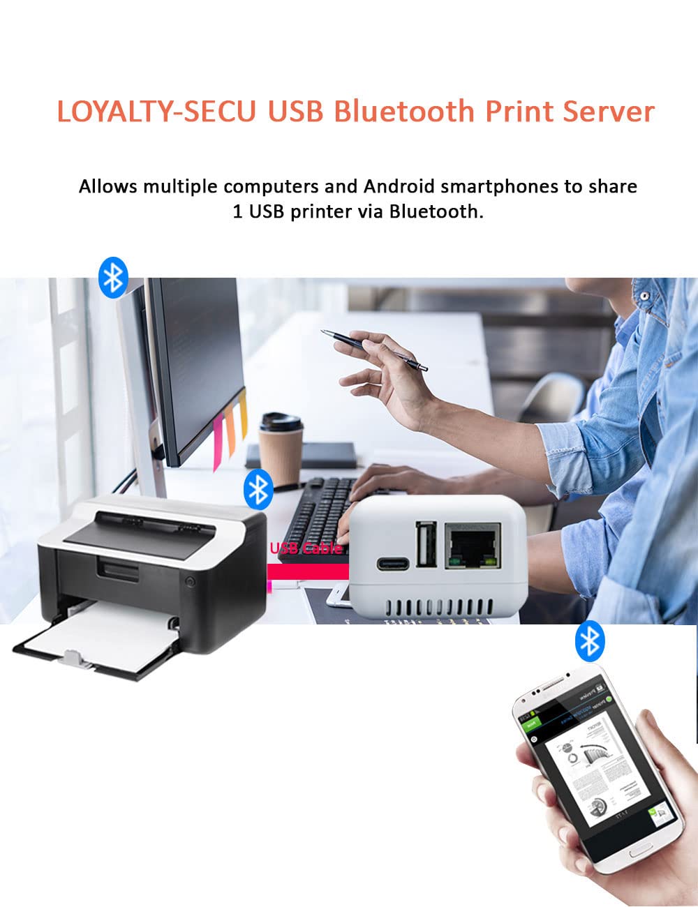 LOYALTY-SECU Blue~Tooth USB Print Server - Wireless Printer Sharing for Windows & Android - Supports LAN and Blue~Tooth Printing,Turns Old USB Printer into Blue~Tooth Printer.