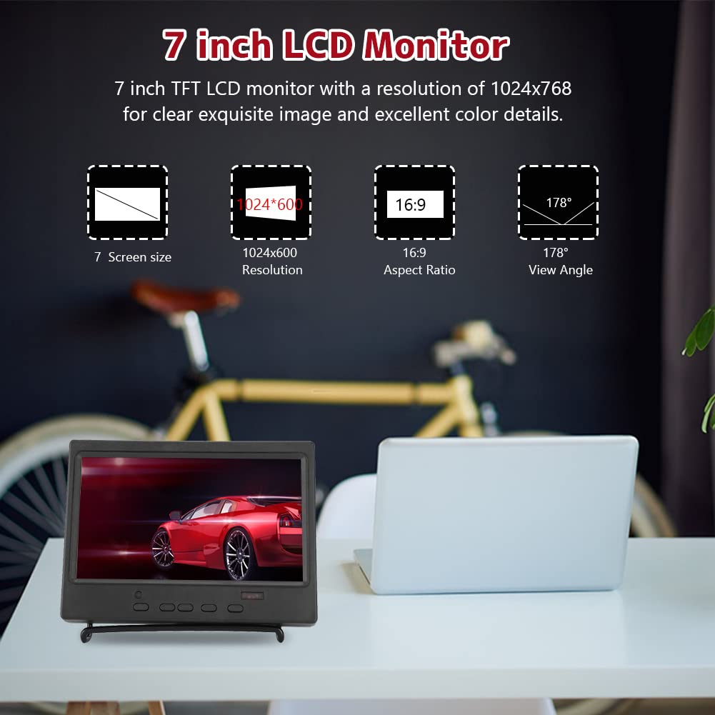 Wendry 7 Inch Monitor for,1024x600 16:9 AV+ HDMI + VGA Portable Gaming Monitor with Foldable Bracket,250 cd / m2 Widescreen Screen Display for, car Display, CCTV