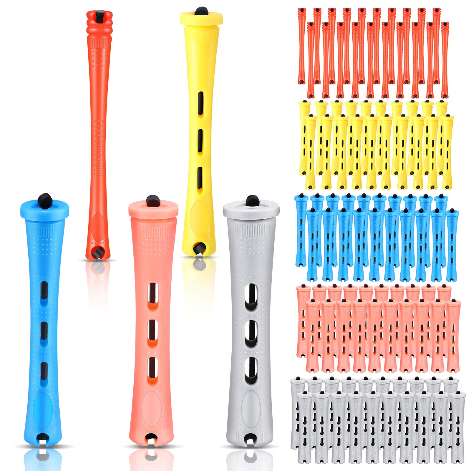 100 Pieces Hair Perm Rods Non-slip Hair Rollers Plastic Cold Wave Perming with Elastic Rubber Band Short Curlers for Hairdressing Styling(Multi-size,Multi-color)