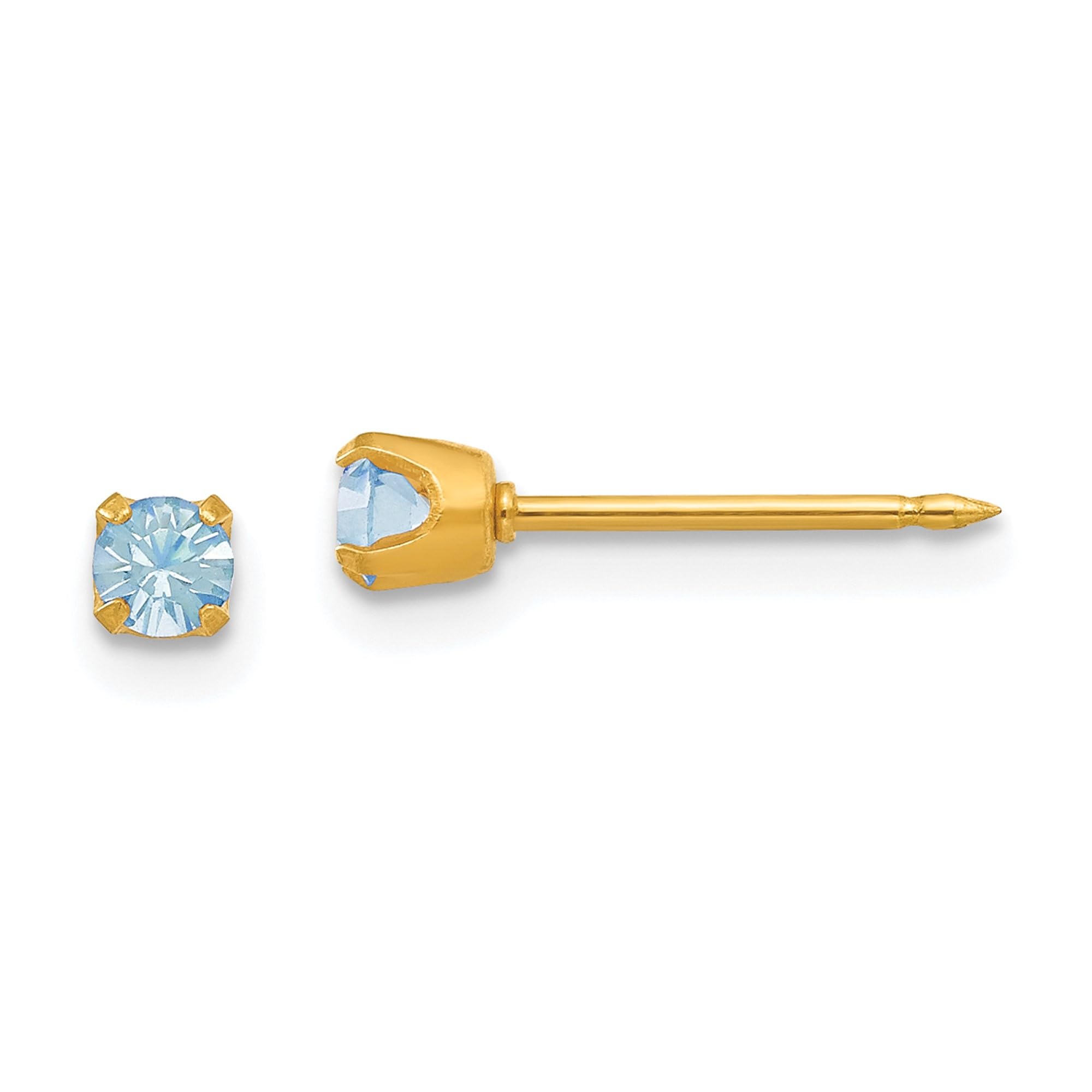 14K Solid Yellow Gold 3mm Rhinestone Crystals Stud Earrings Ear Piercing Studs March Birthstone Jewelry