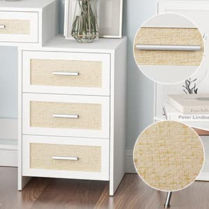 Maupvit Rattan Vanity Desk with Mirror and Lights, Boho Makeup Vanity Table Set with Nightstand, 5 Drawers & 10 Bulbs, Metal Silver Handle, 3 Open Shelves, Dressing Table with Cushioned Stool (White)