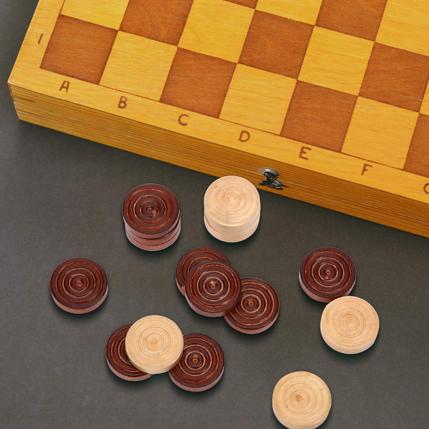 24 Pieces Wooden Checkers 1.06 Inch Wood Checkers Pieces Stackable with Drawstring Storage Bag for Board Game Backgammon, Dark Brown and Natural Wood Color