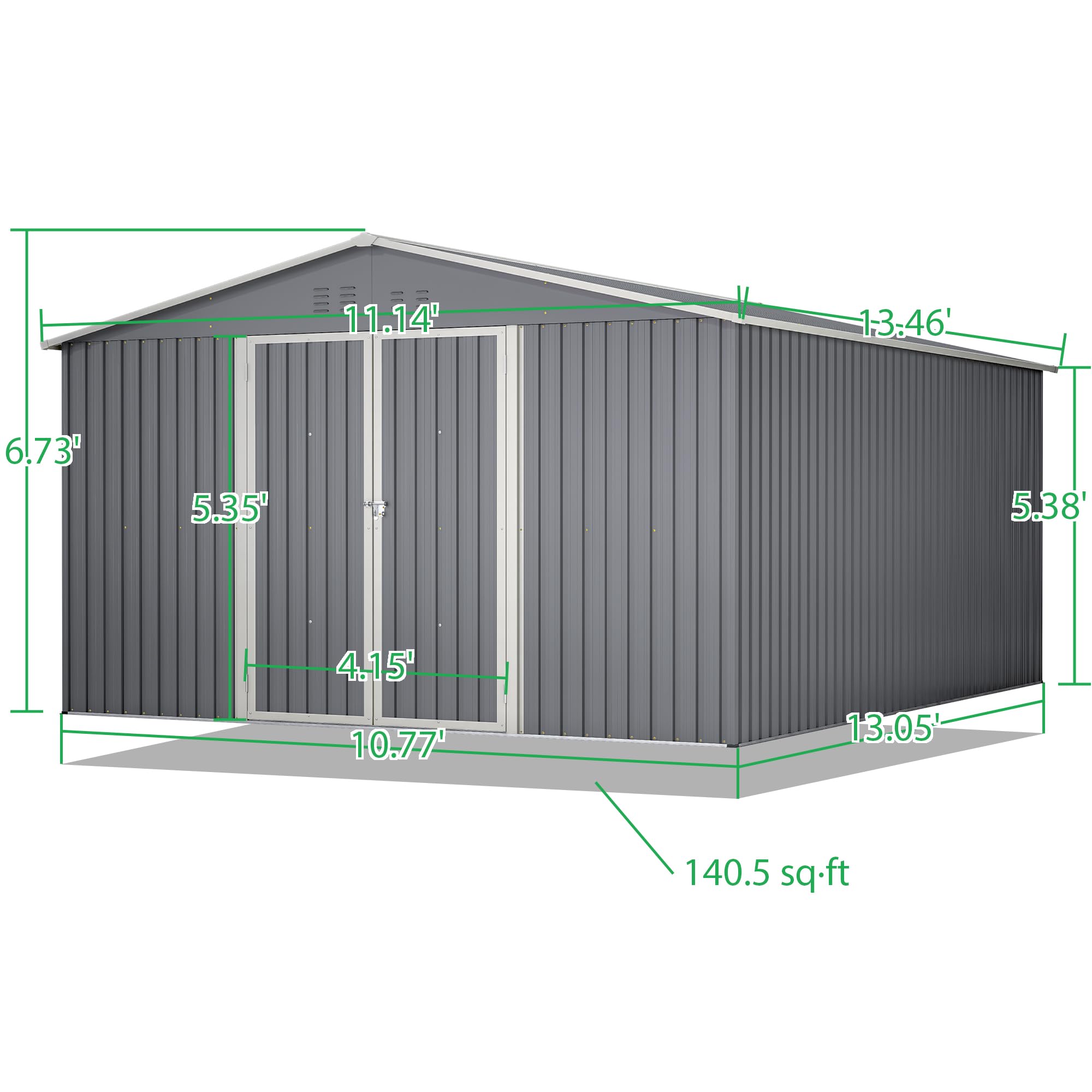 11' x 13' Outdoor Metal Storage Shed with Floor Frame Base, Galvanized Steel Garden Shed with 4 Vents, Tool Storage Shed for Backyard, Patio, Lawn