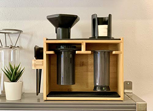 Barista Lab Stand for AeroPressĀ® Bamboo Organizer for Wall, Counter or In-Cabinet Storage Holds Filters, Cups and Accessories With Precision Fit Silicone Dripper Mats