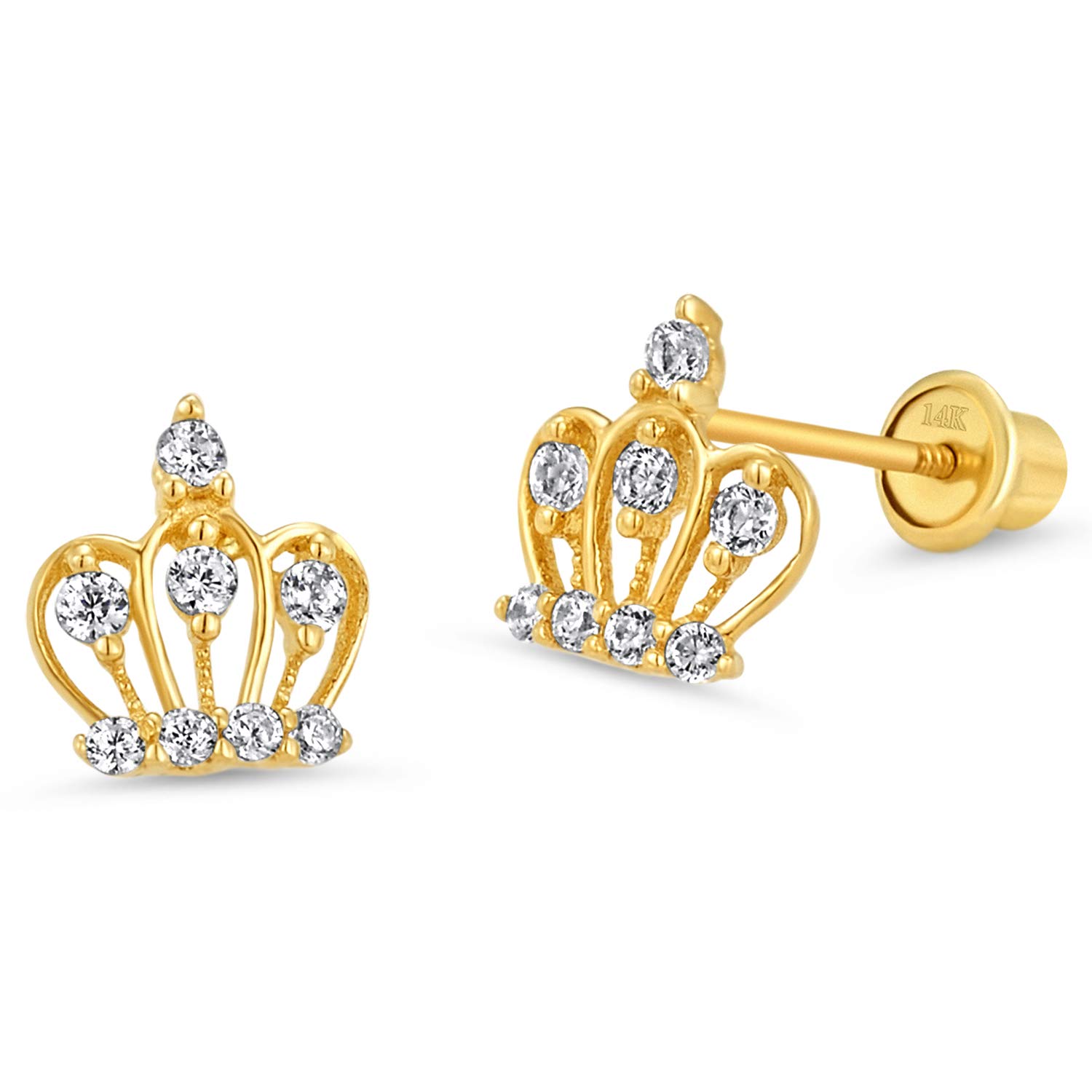 14k Yellow Gold Crown Cubic Zirconia Children Screwback Baby Girls Earrings