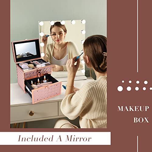 Costravio Nail Supplies Organizer Box Nail Polish Storage Case for Nail Tech or Home Use With Drawer and Slots Travel Makeup Train Case Portable Lockable - Rose Gold