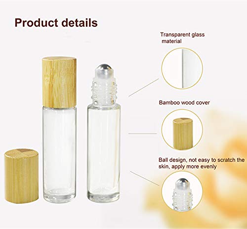 6 Count 10ml Bamboo Roll On Bottle For Essential Oils,Clear Glass Bottle With Natural Bamboo Lid,Portable Massage Stainless Steel Roller Ball Glass Vial Aromatherapy travel Perfumes Bottles