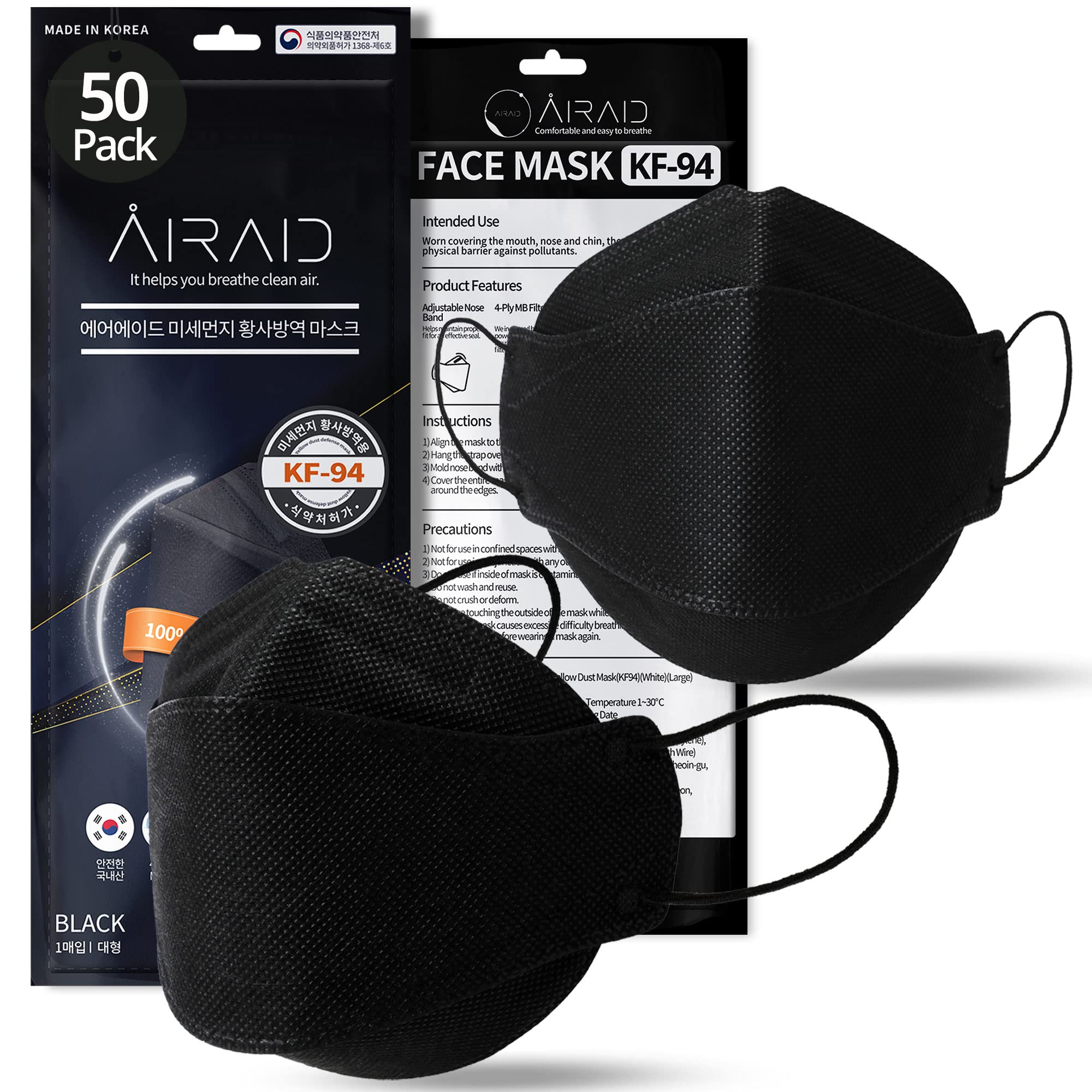 AIRAID-KF94 [Individually Wrapped] - Made in Korea, 4-Layer Filter, 3D Face Mask, Black, White, Adult and Older Teens (Black-50P)