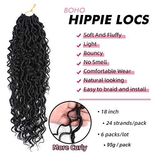 6 Packs Goddes]s River Faux [Loc]s Wavy [Crochet] With Curly [Hair] In Middle And Ends [Boho Synthetic [Hair] Extension（18inch,1B）