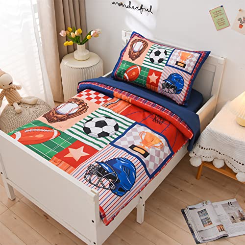 A Nice Night Sports Patchwork for Boys Basketball Baseball Rugby Soccer Printed Toddler Bedding Set,Includes Comforter, Flat Sheet, Fitted Sheet and Pillowcase, Navy