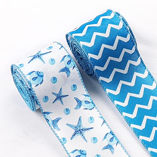 2pcs Summer Fabric Ribbons Summer Sea Ocean Wave Strips Ribbons Marine Animals Starfish Ribbon for Summer Party Gift Wrapping Outdoor Hanging Party Decoration Supplies (2.5 Inch * 5 Yards * 2 Rolls)