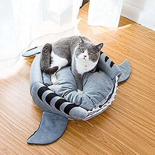 Cat Litter Hot Cat Mat Shark-Shaped House Warm Kennel Kitten Bed One Mat Two Usage Shark Bed for Small Cat Dog Cave Cozy Bed Removable (Light Grey)