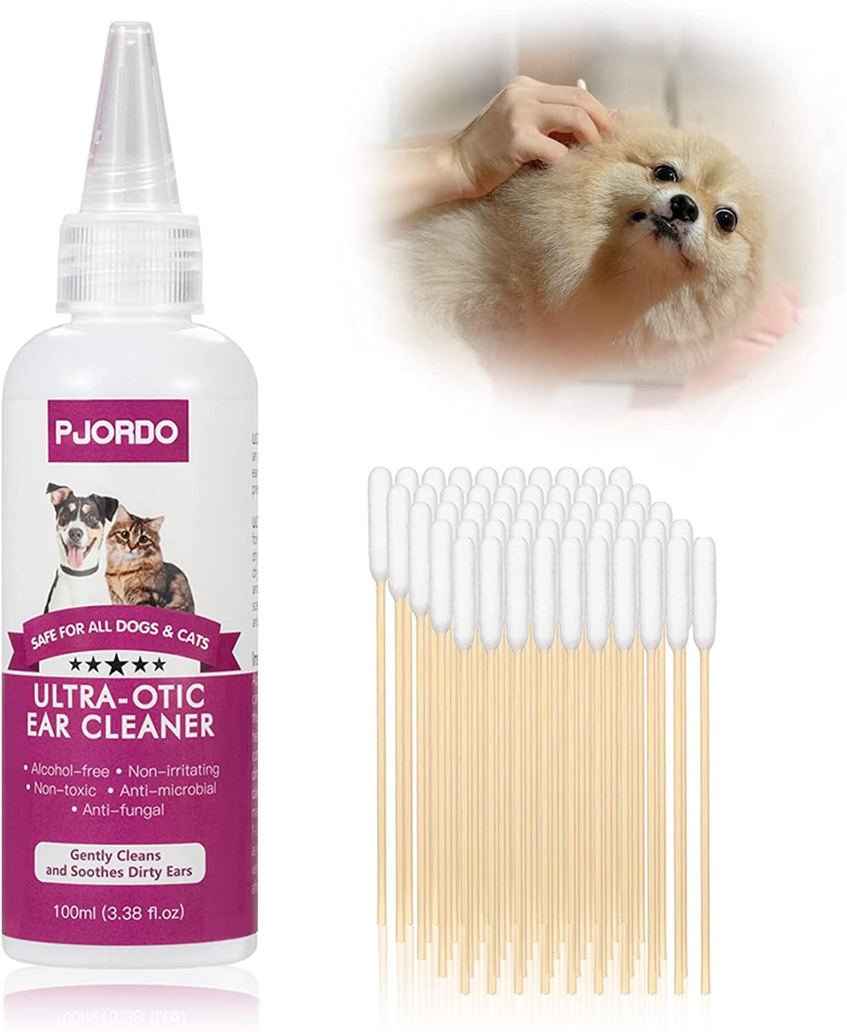 Pjordo Ear Cleaner for Dogs & Cats, Pet Ear Cleaner Solution, Ear Cleaning for Cats, Cat Ear Drops for Wax, Odor, Itchy, Dog Ear Treatment (3.38 oz)