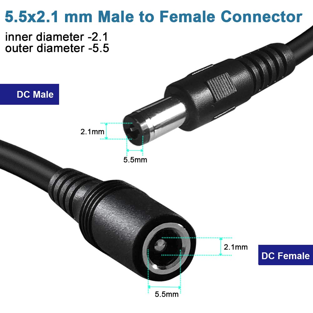 2-Pack 33ft DC Power Extension Cable 5.5mm x 2.1mm 12v DC Extension Cord for Security Camera CCTV IP Surveillance,LED Strip,DC Power Supply Adapter 5V 9V 24V 12 Volt Male to Female Plug Extender Wire