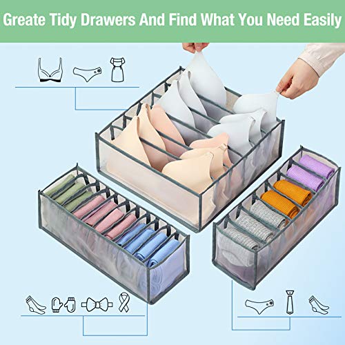 ABC life 3Pcs Underwear Drawer Organizer Set, Foldable Sock Bra Underpants Organizer Drawer Divider, Washable Closet Cabinet Storage Boxes for Clothes, Stockings, Ties and Bras (6+7+11 Grid, Grey)