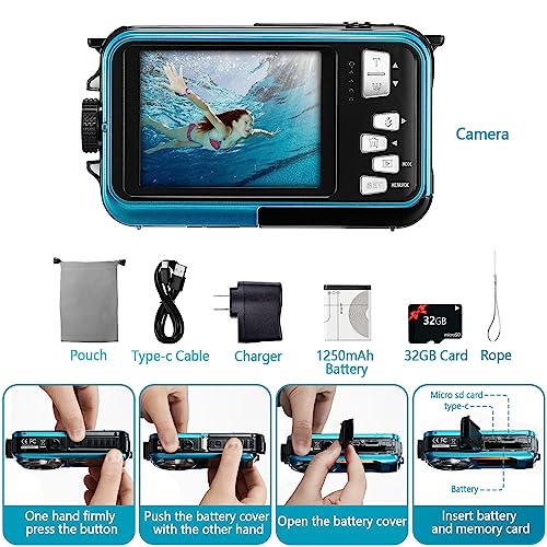 4K Waterproof Camera 11FT Underwater Camera with 32GB Card 48MP Autofocus Selfie Dual-Screen Underwater Cameras for Snorkeling, Waterproof Compact Digital Camera 1250mAh Battery(Blue)