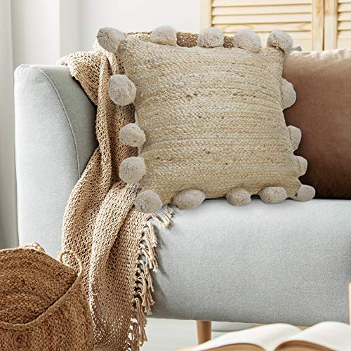 LR Home Natural Jute Poms Border Throw Pillow, 1 Count (Pack of 1), Tan