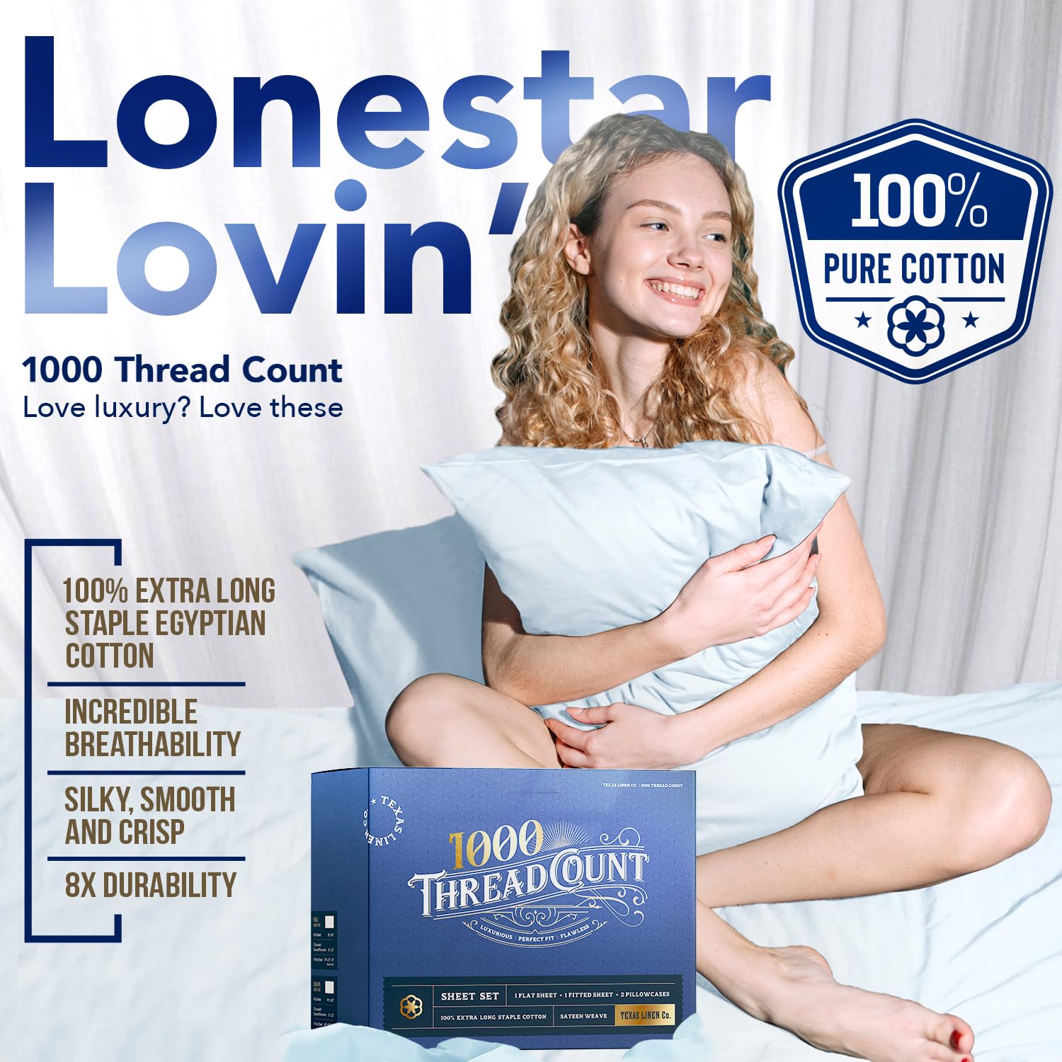 1000-Thread-Count 100% Pure Cotton Bed Sheets - 4 Pc Cal King Size Light Blue Sheet Set, Single Ply Long Staple Combed Cotton Yarns, Best Luxury Sateen Weave, Fits Mattress Upto 16'' Deep Pocket