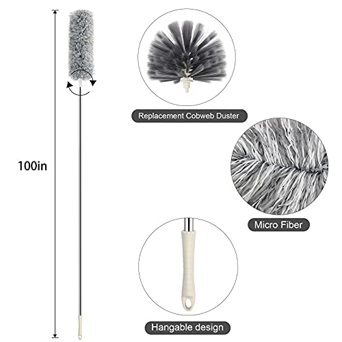 Abealv Telescoping Microfiber Duster Extendable Cobweb Duster, High Ceiling Stainless Steel Long Dusters,Scratch-Resistant Bendable Duster, 100 inches Extension Pole Cleaning Tools (Dark Gray)