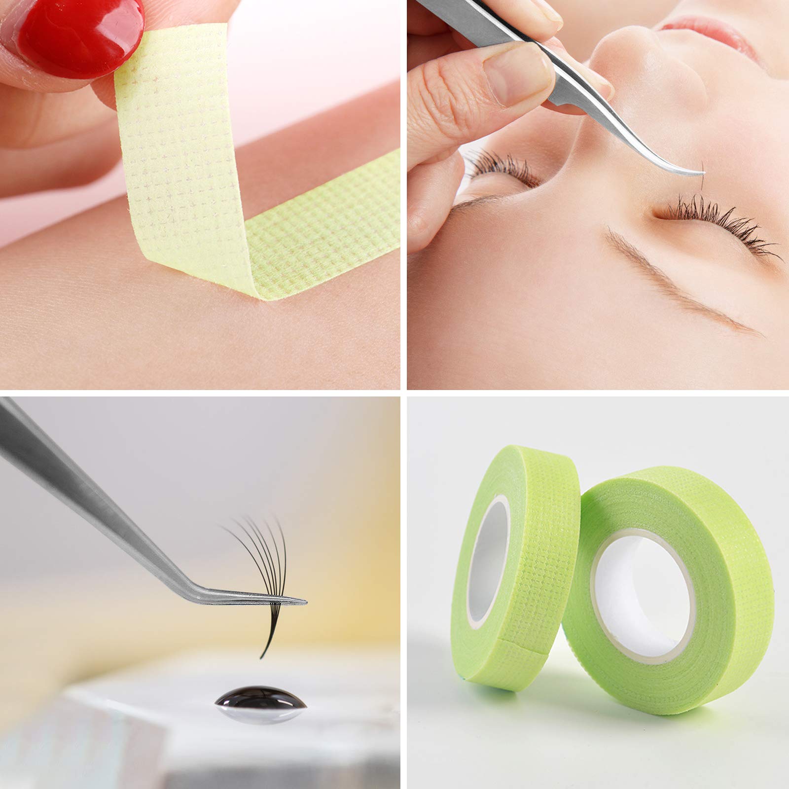 3 Rolls Eyelash Extension Tape with Tweezers, SourceTon Micropore Fabric Tape Roll 0.5 Inch 10 Yards (Green) with 3 PCS Straight Pointed and Curved Tweezers (Silver)