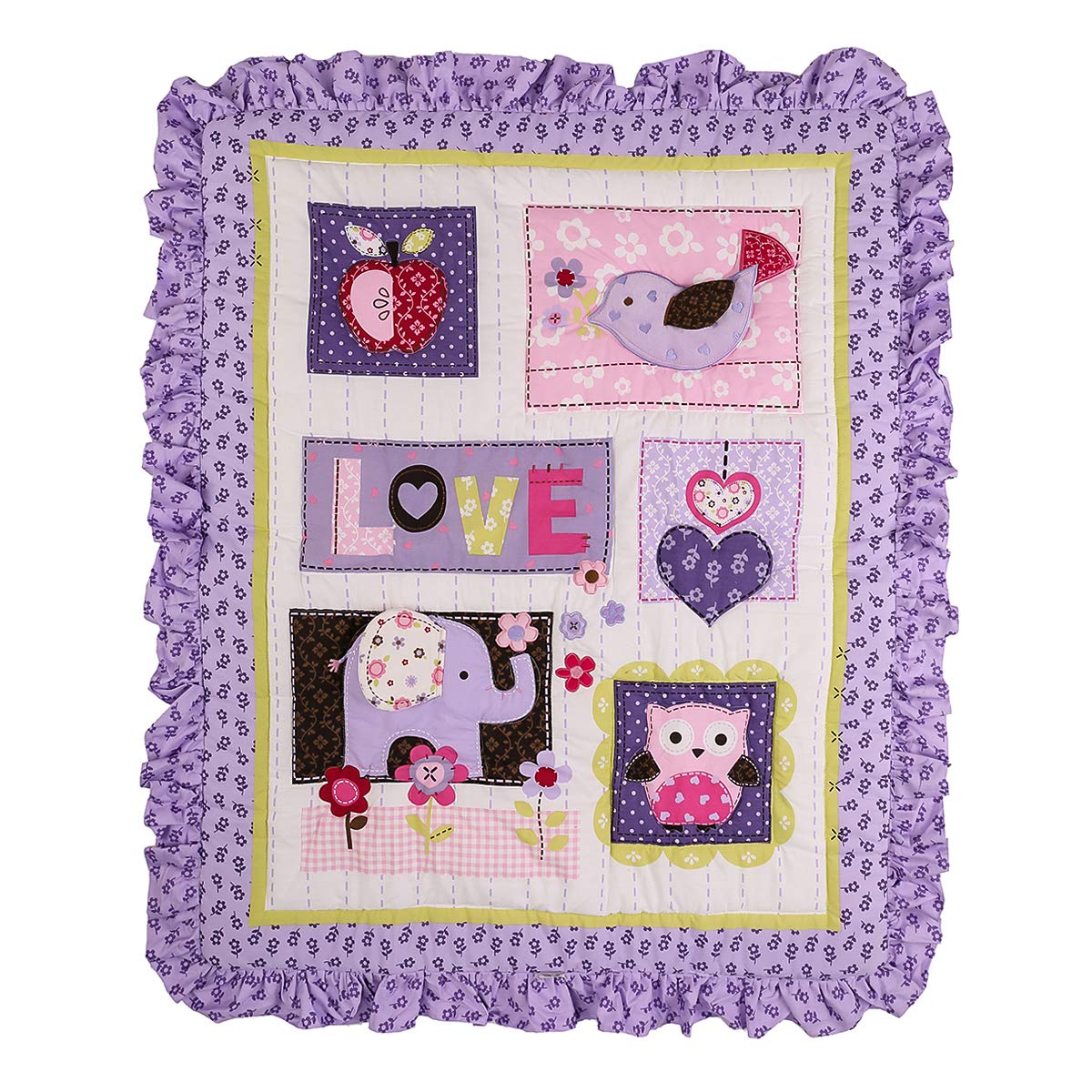 6 PCs Purple Elephant Nursery Crib Bedding Set Violet Embroidery Elephant Theme Baby Cot Bedding Set Quilt , Fitted Sheet , Skirt , Diaper Storage Bag ,Changing Cover, Window Valance,28 x 52''
