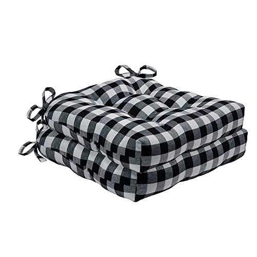 Buffalo Check Tufted Chair Seat Cushions, 2-Pack, Black & White- 16" x 15" x 3" - Comfortable Seat Cover Pad with Stain Repellent Fabric & Ties to Indoor & Ourdoor Chair Styles by Achim Home Decor