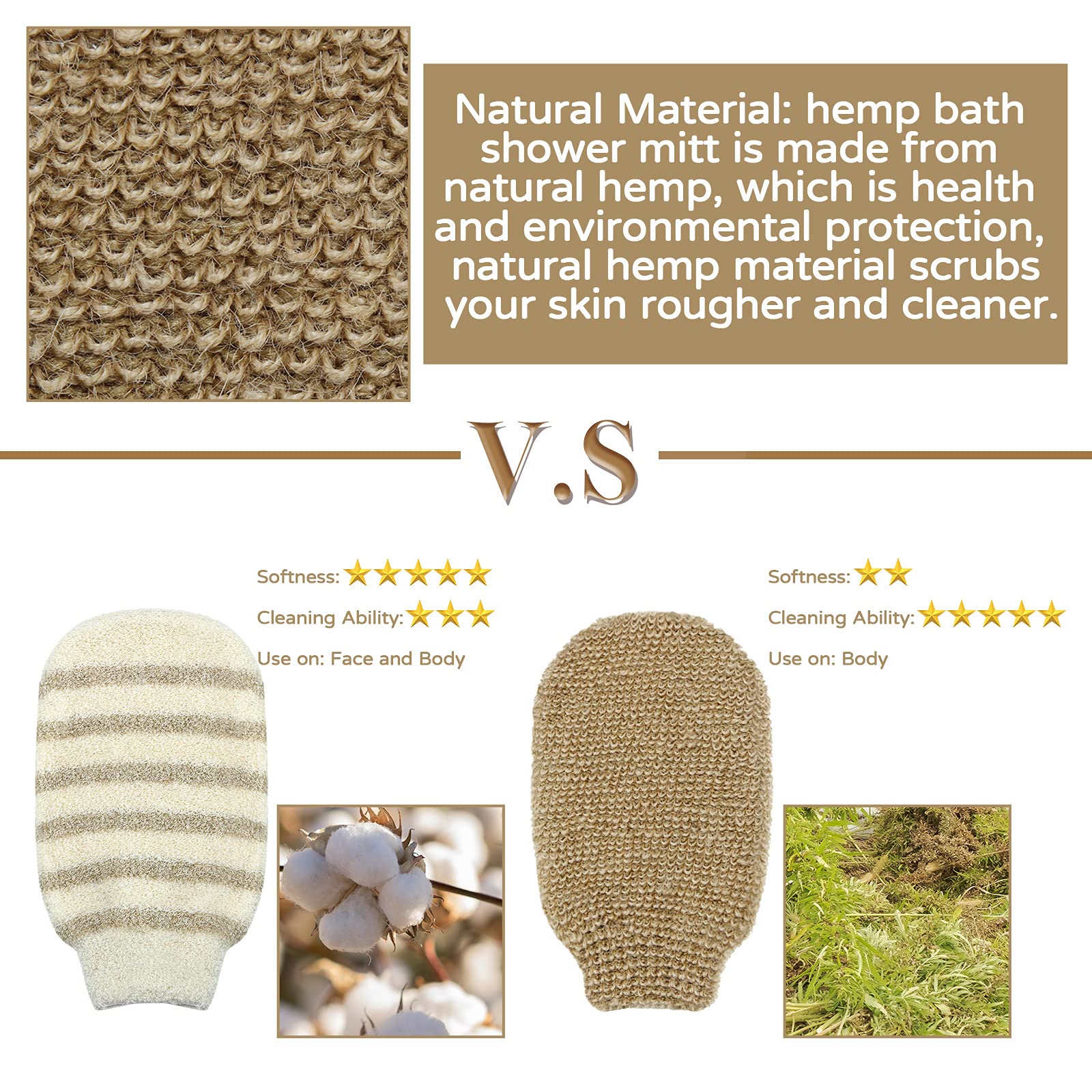 4 Pieces Bath Mitt Loofah Shower Gloves Natural Exfoliating Hemp Scrubbing Mitt Bath Sponge Shower for Women Men Scrubber Machine Washable Double Sided Available