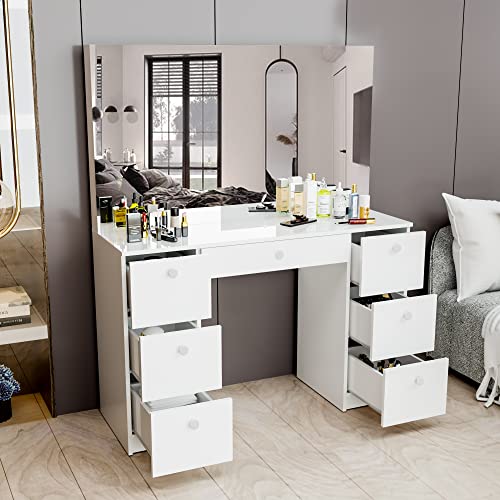 Boahaus Artemisia Vanity Makeup Desk with 7 Drawers, Full-Width Framless Hollywood Mirror, White Vanity Dresser with Mirror, Basic Knobs, Modern Painted Makeup Table for Bedroom (New Version 04/2023)
