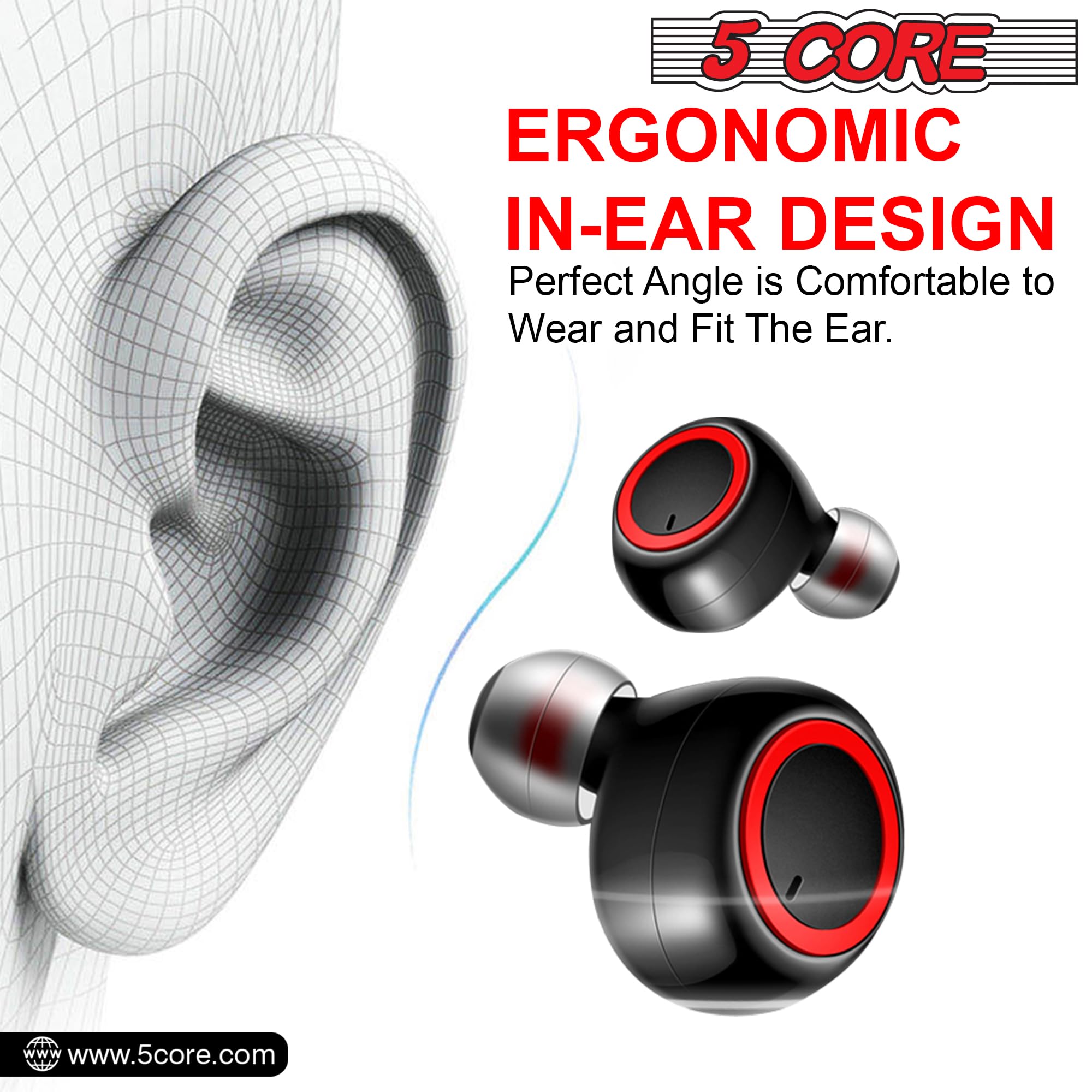 5 CORE Wireless Ear Buds • Mini Bluetooth 5.0 Noise Cancelling Earbud Headphones w Stereo Sound IPX8 Waterproof for Sports Workout EP01