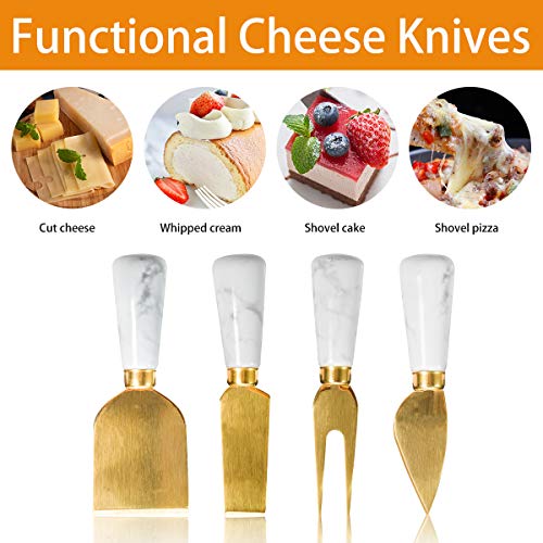 4PCs Gold Cheese Knife Set, Marble Cheese Butter Spreader Cutter with Ergonomic Ceramic Handle for Bread, Stainless Steel Cheese Shaver and Fork for Kids, Birthday, Wedding, Anniversary(Gold)