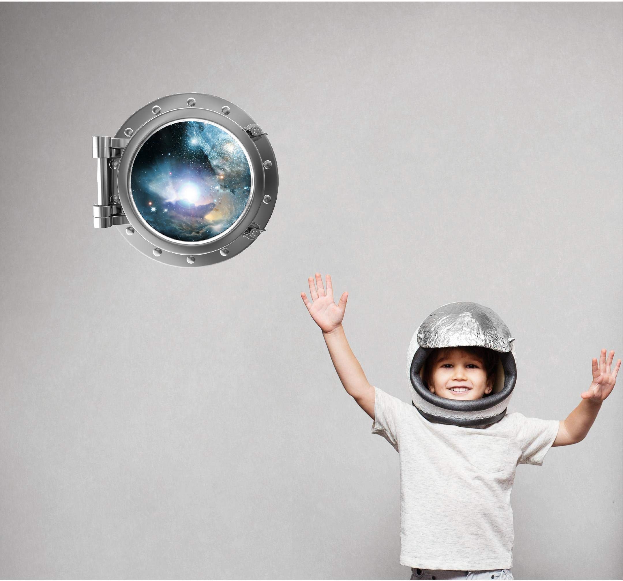 12" Port Scape Instant Space Ship 3D Window View NEBULA & STARS #1 Silver Porthole Wall Decal Removable Wall Sticker Mural Boys Bedroom Playroom Decor