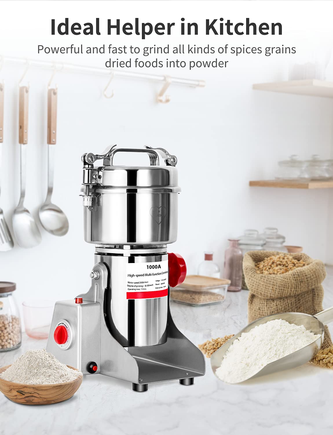 1000g Electric Grain Mill Grinder 2800W High Speed Powder Grinder Machine Stainless Steel Commercial Pulverizer Grinding Machine for Kitchen Pepper Coffee Corn