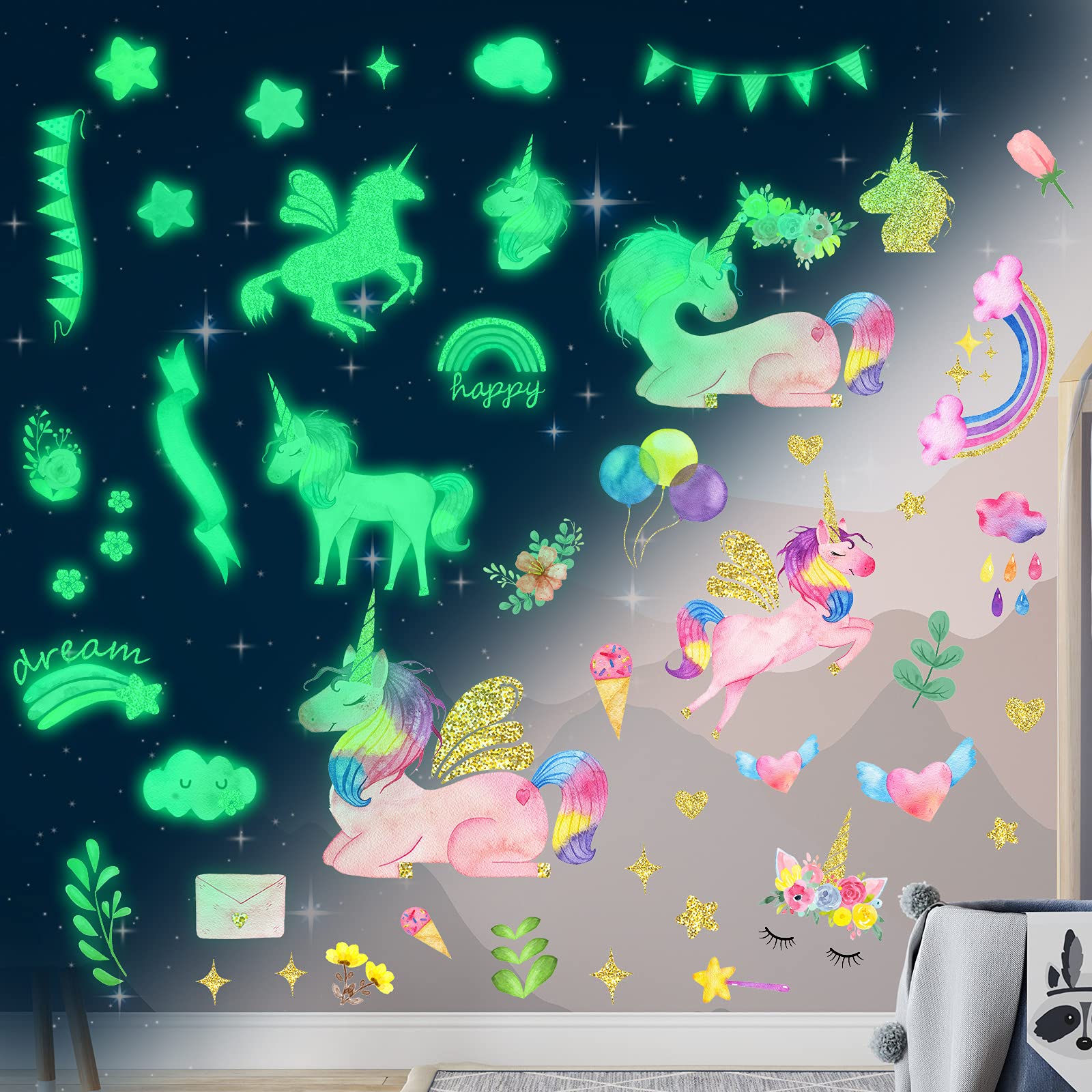 4 Sheets Glow in The Dark Unicorn Decals Glowing Moon Star Rainbow and Castle Wall Stickers Luminous Unicorn Peel and Stick Wall Art Decor for Kids Girls Bedroom Ceiling Birthday Party Nursery