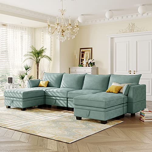 115" Oversized Modular Storage Sectional Sofa Couch Convertible Sleeper Sofabed with SeatStorage ,Linen Upholstered U-Shaped Symmetrical 6 Seaters Sofa & Couch for Home Office Apartment Living Room
