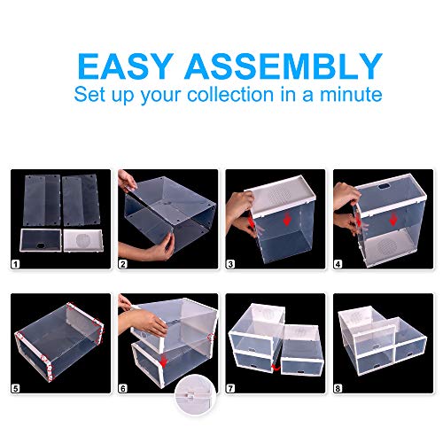 DHMAKER 6 pack Stackable Shoe Box, Thicken Foldable Clear Shoe Organizer, update Reinforced Design, Most Sturdy Shoe Storage Boxes - white