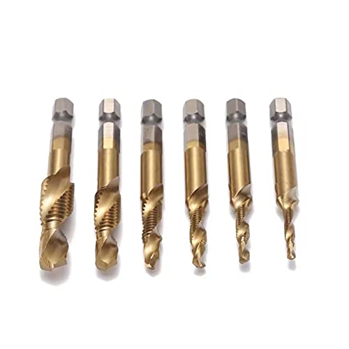 6 Pcs Titanium Combination Drill Tap HSS Bit Set,3 in 1 Drilling Tapping Burr Bit Set Screw Tapping with 1/4 Inch Hex Shank for Alloy, Wood, Plastic, Soft Metal, Etc.M3-M10(Long Handle