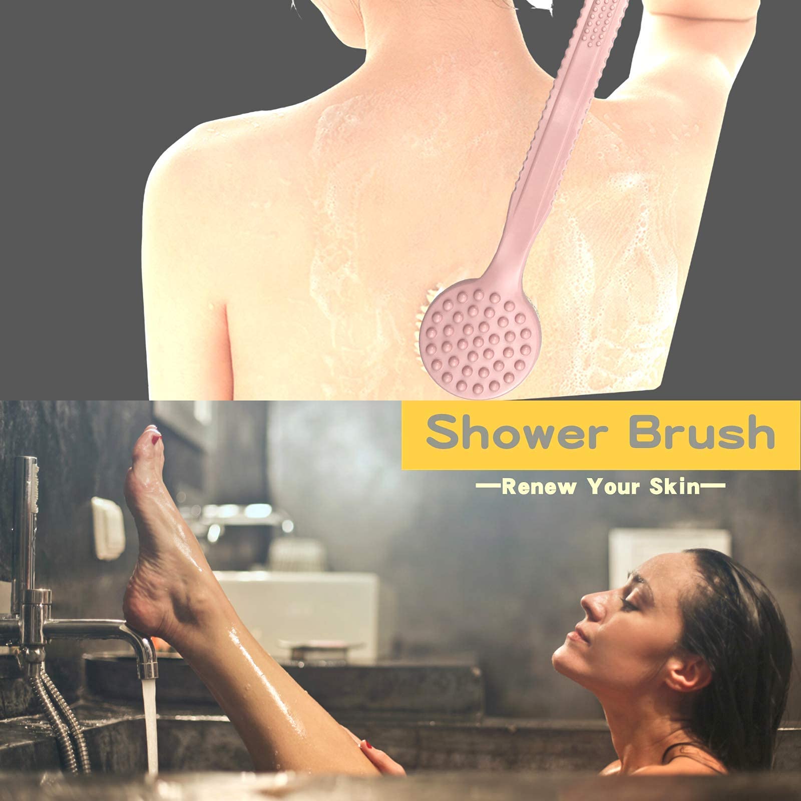 2Pack Back Shower Bath Brush for Elderly Body Cleaning Long Handle for Mens Shower Back Scrubber for Women Exfoliation Soft Bristles Skin Exfoliating Shower Body Foot Brush Pink Gray