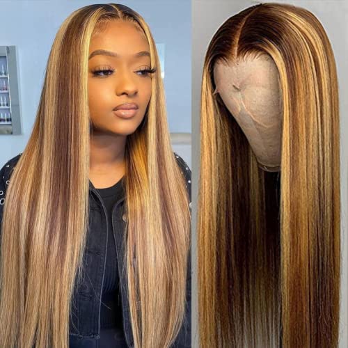 Manhoter Highlight Ombre Lace Front Wigs Human Hair Pre Plucked 18 Inch