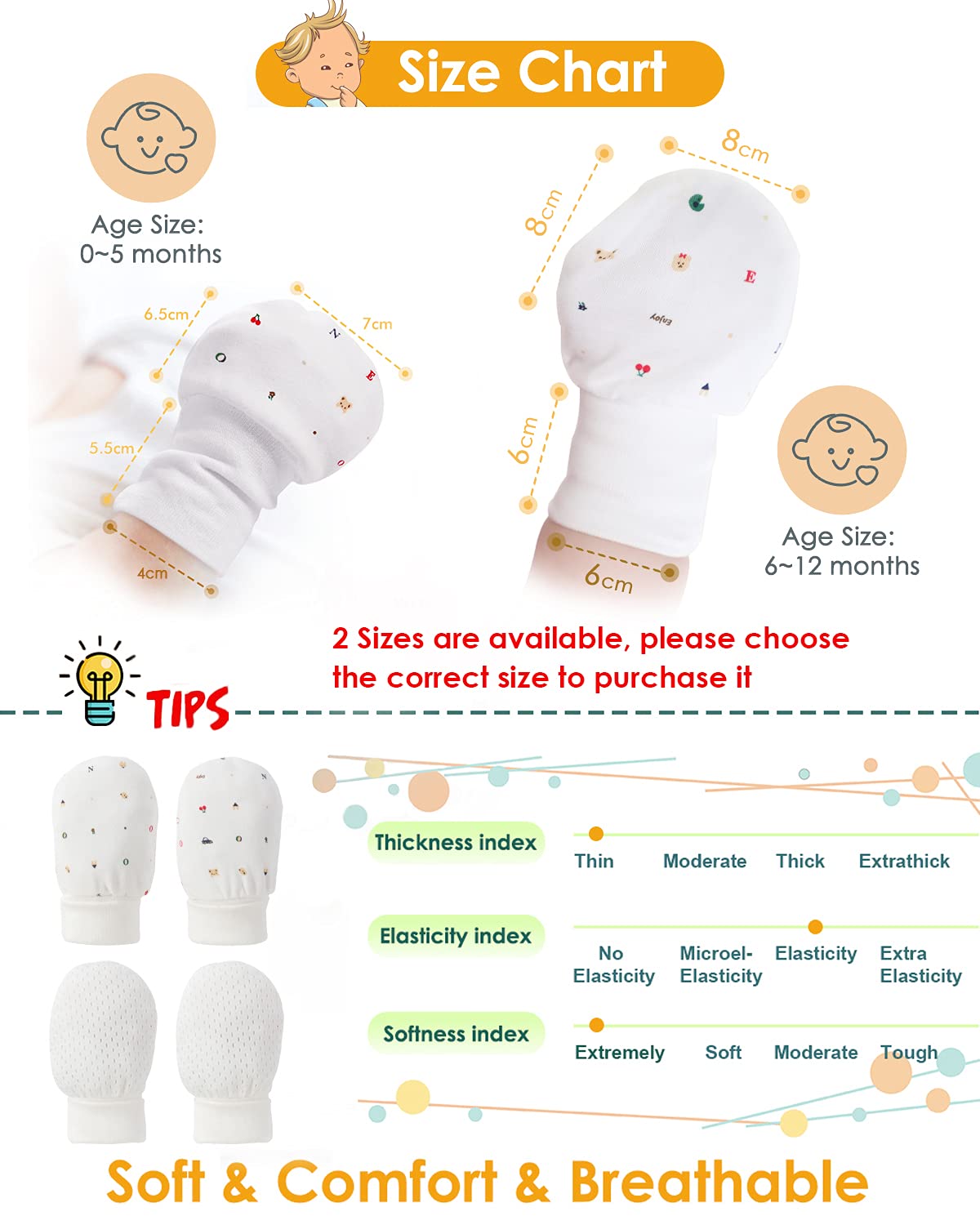 Baby Anti Scratch Mittens - No Scratch Mittens for Boys & Girls (6-12 Months) - 6 Pairs