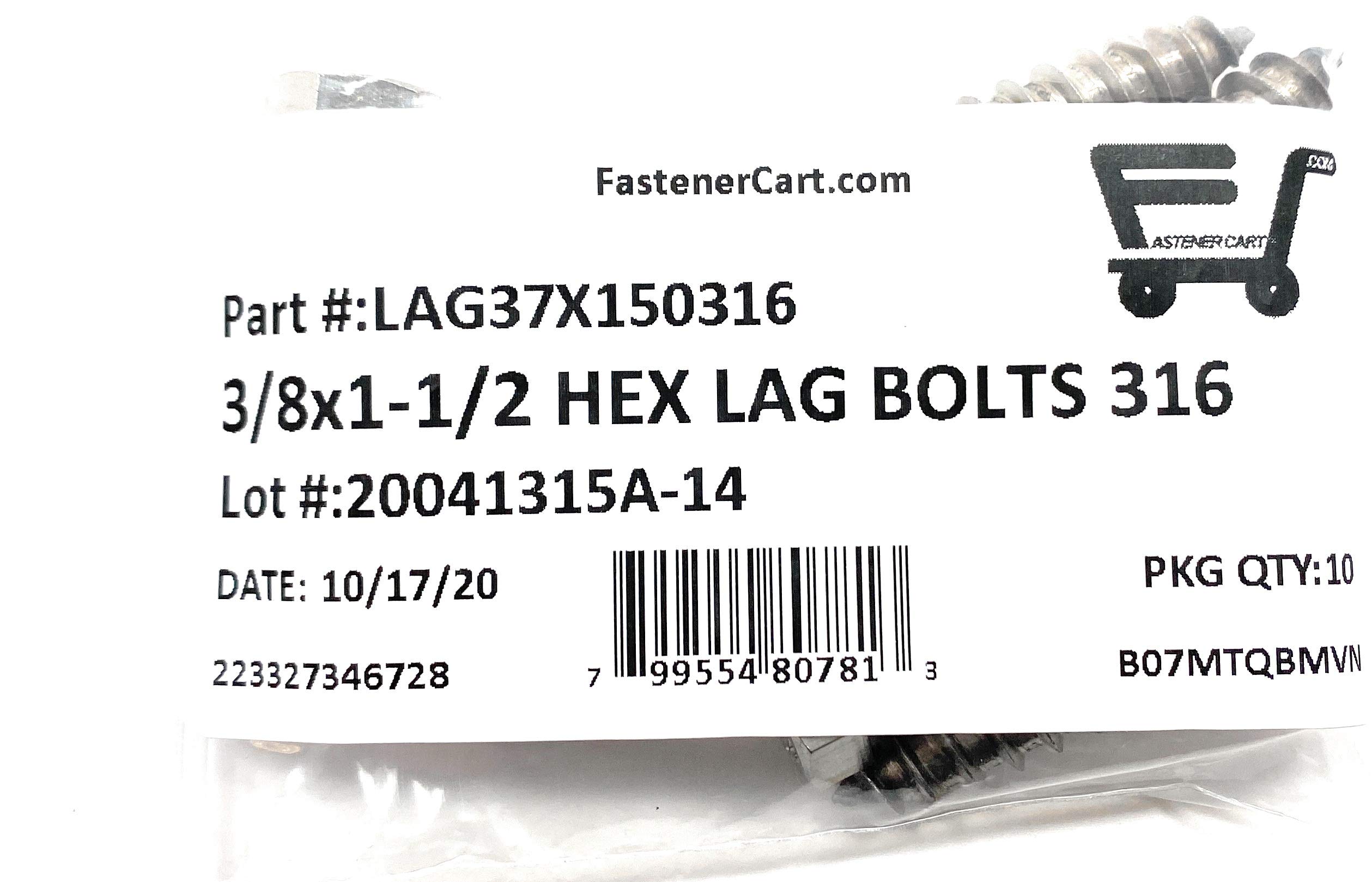 3/8 x 1-1/2" 316 Stainless Steel Hex Head Lag Bolts Lag Screws Marine Grade (10 Pieces)