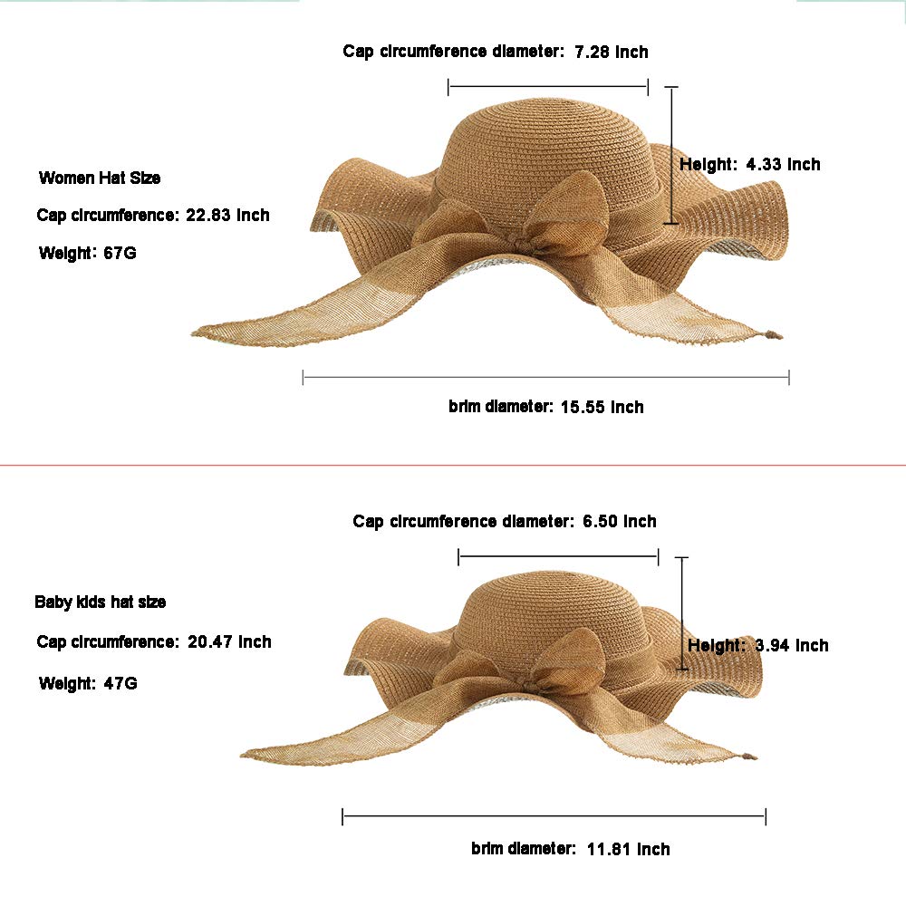 2PCS Family Matching Summer Beach Sun Hat Wide Brim Parent-Child Straw Hat Bowknot Cap for Women's Baby Girls (Camel)