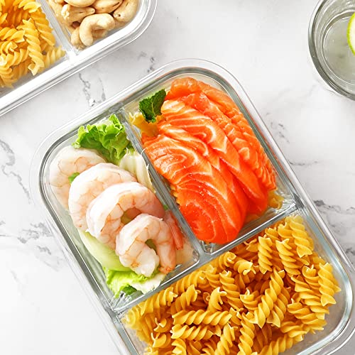 Bayco 8 Pack Glass Meal Prep Containers 3 Compartment, Glass Food Storage Containers with Lids, Airtight Glass Lunch Bento Boxes, BPA-Free & Leak Proof (8 lids & 8 Containers)
