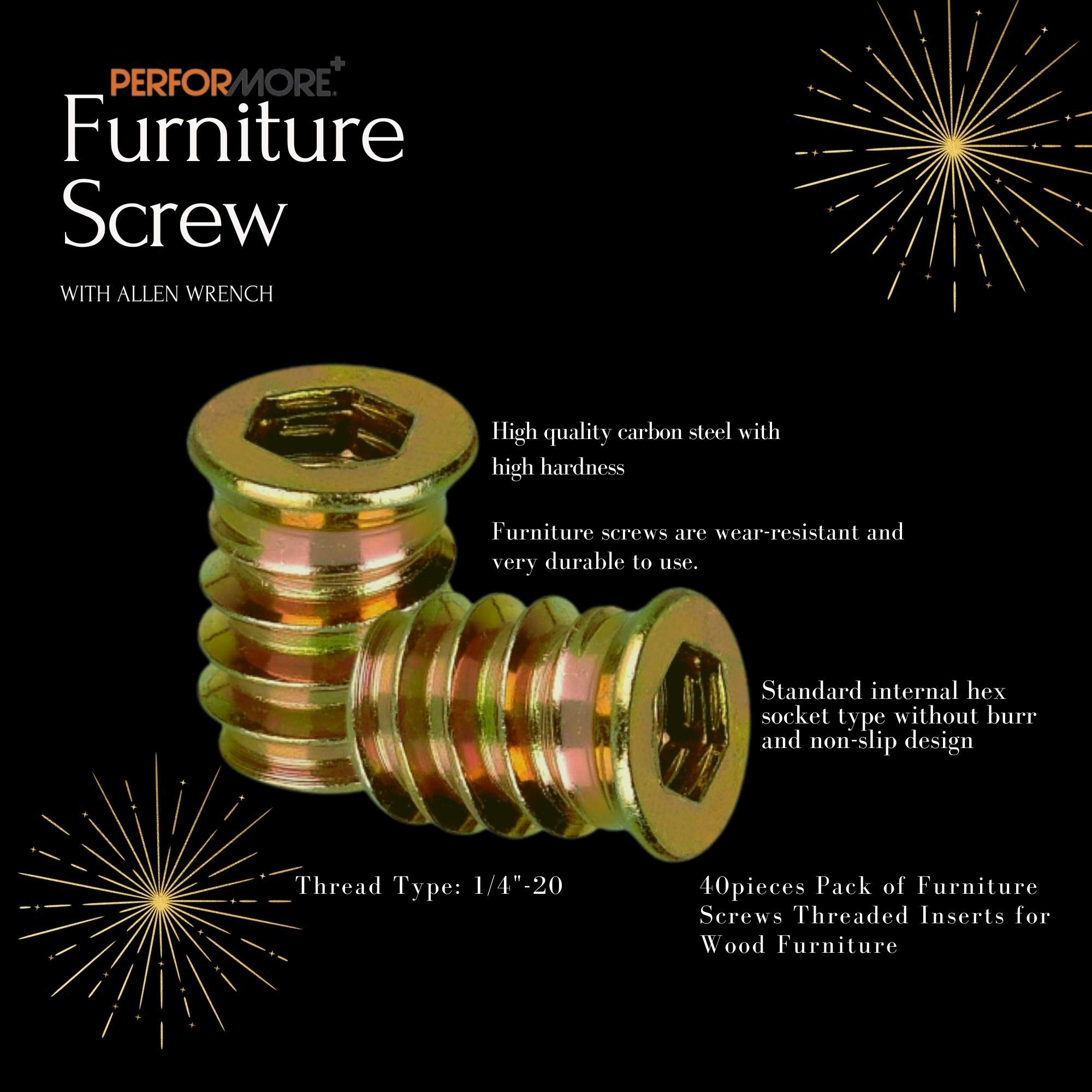 50 Pieces Threaded Wood Inserts, 1/4"-20 x 15mm Furniture Screws in Nut Threaded Inserts with Hex Socket, Zinc Plated - for Wooden Furnitures, Products, and Model, One Allen Wrench Included