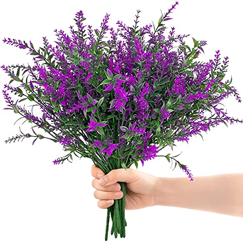 12 Bundles Artificial Lavender Flowers, Greenery Bushes Bouquet, Faux Plastic Greenery for Indoor Outside Hanging Plants, Plastic Fake Plants Flowers Home Garden Wedding Party Decor (Fuchsia)