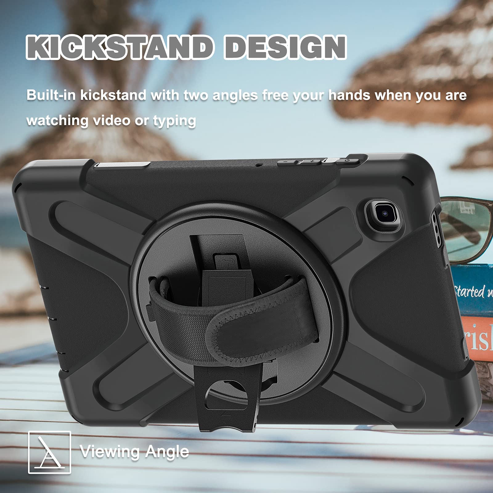 KIQ Shield for Samsung Galaxy Tab A7 Lite Case w/Screen Protector Rotating Hand Strap Kickstand Samsung Galaxy Tab A7 Lite 8.7 Case Kid Proof 2021 SM-T220 T225 T227 - Black
