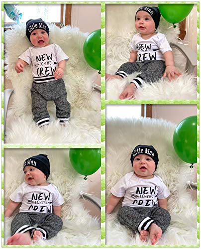 CETEPY Baby Boy Clothes Newborn Romper Infant Summer Outfits Short Sleeve + Long Pants + Hat 3Pcs Set New to The Crew Letter Printed White 0-3 Months 70cm