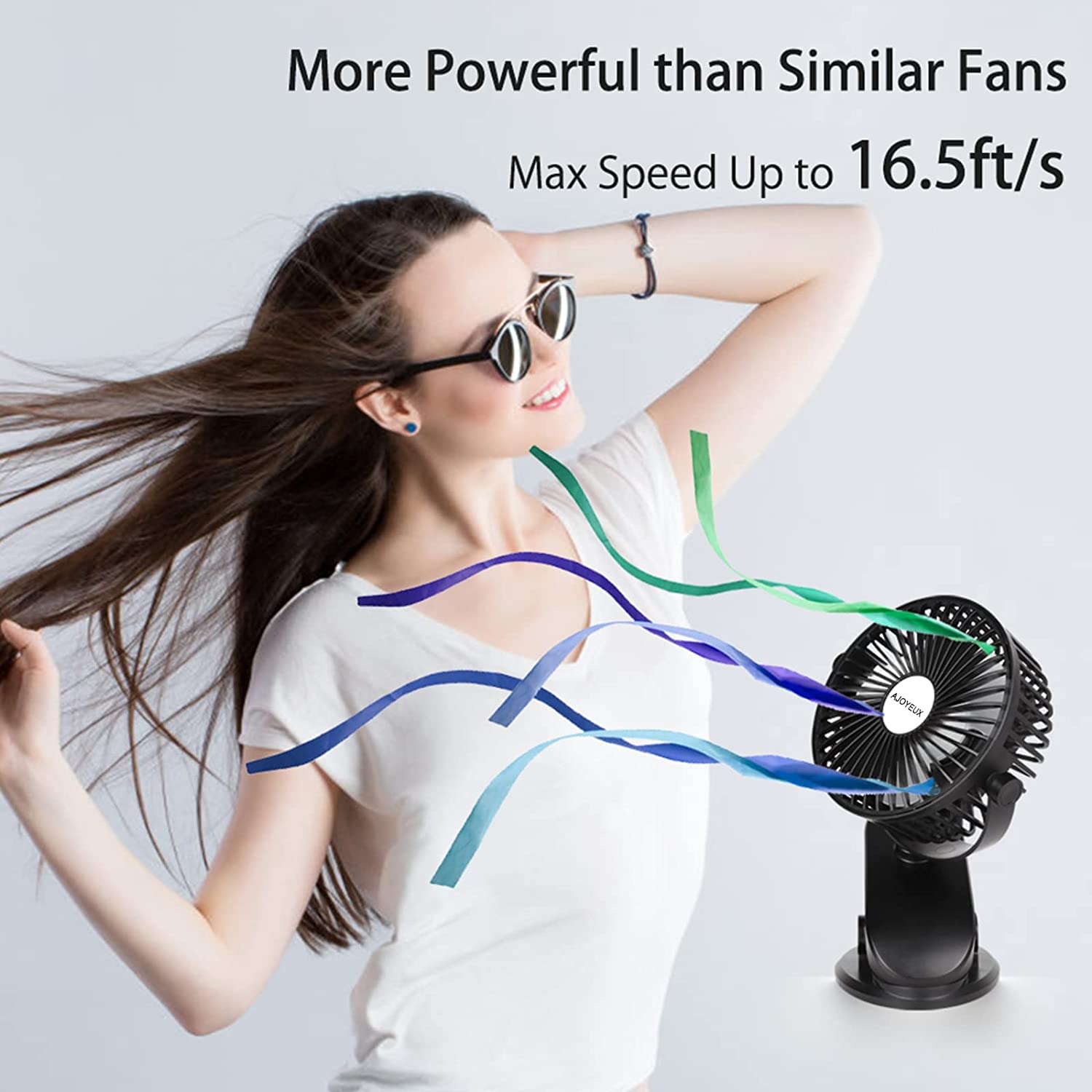AJOYEUX Battery Operated Clip on Fan for Baby Stroller, Car Seat, Personal Camping - Black